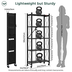DEANIC 5-Shelf Folding Shelves Bookcase with Wheels, Heavy Duty Storage Shelves, Freestanding Metal Wire Shelving Unit for Living Room, Office, Kitchen, Basement, Pantry (Black)