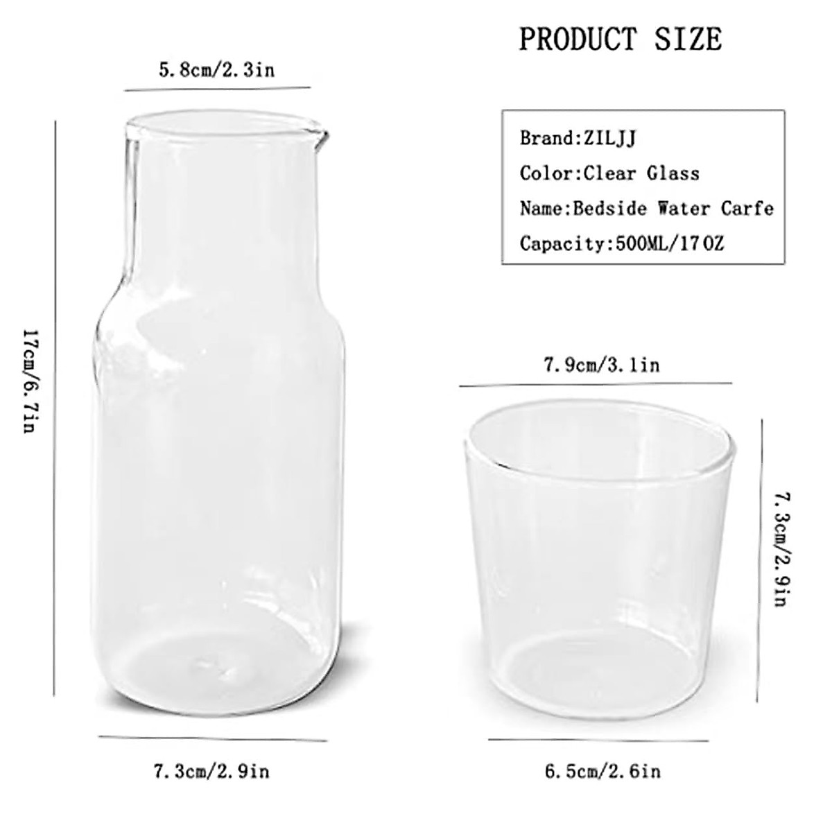 ZILJJ 500ml Bedside Water Carafe Set with Tumbler Glass Set for Bedroom Nightstand, Glass Mouthwash Bottle for Bathroom,Clear Glass Juice Water Pitcher,Night Water Carafe with Cup Set (17.5 oz)