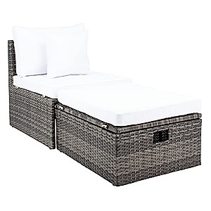 SAFAVIEH Outdoor Collection Pramla Grey Brown/White Cushion Settee with Storage Ottoman (Set of 2) PAT7515C