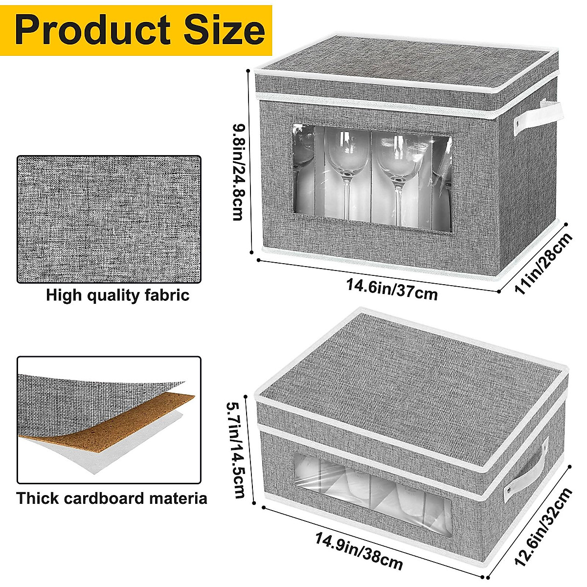 2 Pack China Storage Containers Set, Coffee Mug and Wine Glass Storage Box with Dividers, Cup and Stemware Storage Cases Organizer for 12 Tea Cups & 12 Crystal Glassware Moving and Protection (Grey)
