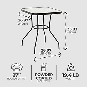 Four Seasons Courtyard Sunny Isles 27 Inch Outdoor Patio Bistro Dining Table Backyard Squared Furniture with Tempered Glass Tabletop, Black