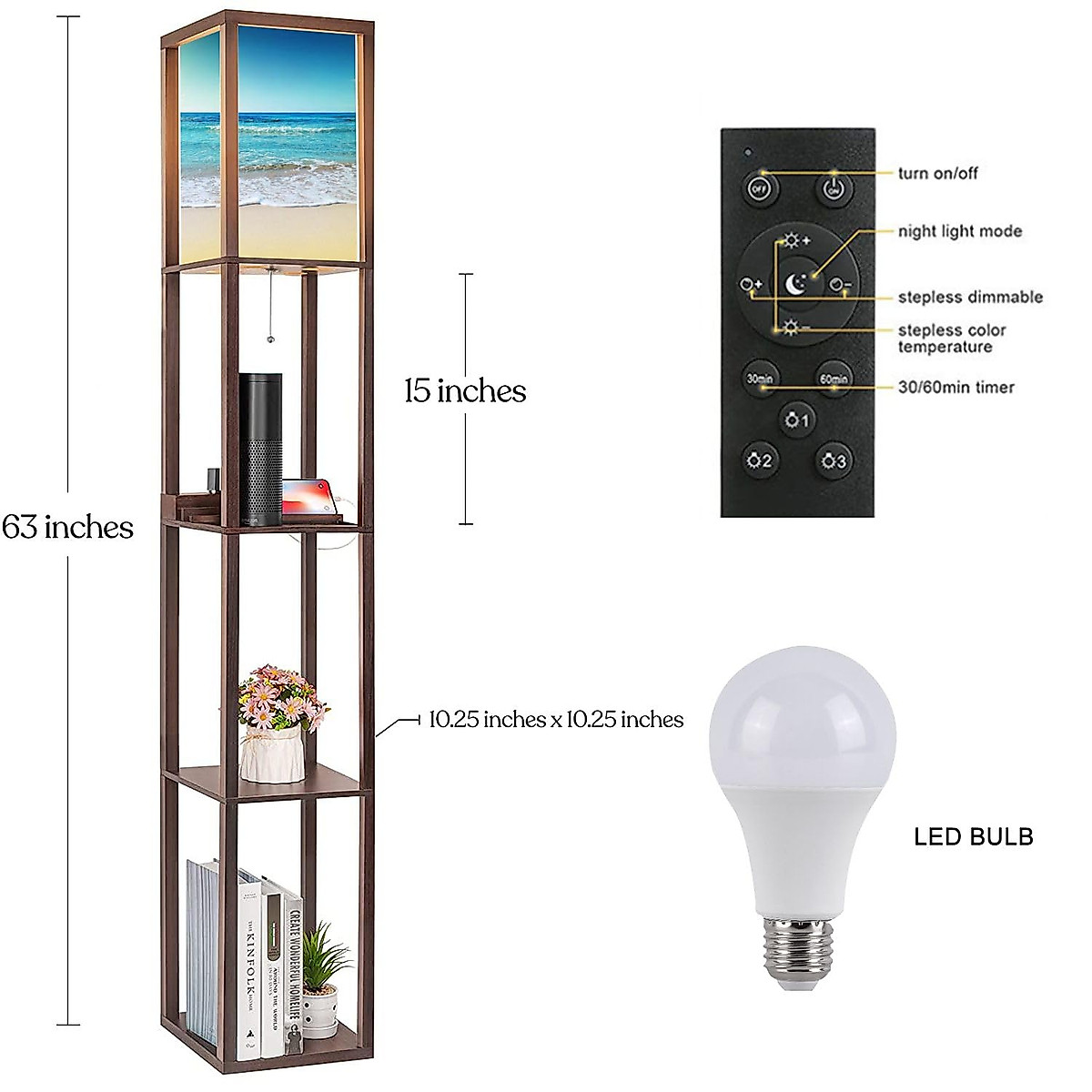 BVCAHSAW Floor Lamp with Shelves Beach scene showing sand sea sky Modern Standing Tall Lamp USB Ports & Power Outlet Corner Lamp Nightstand Light for Living Room Bedroom