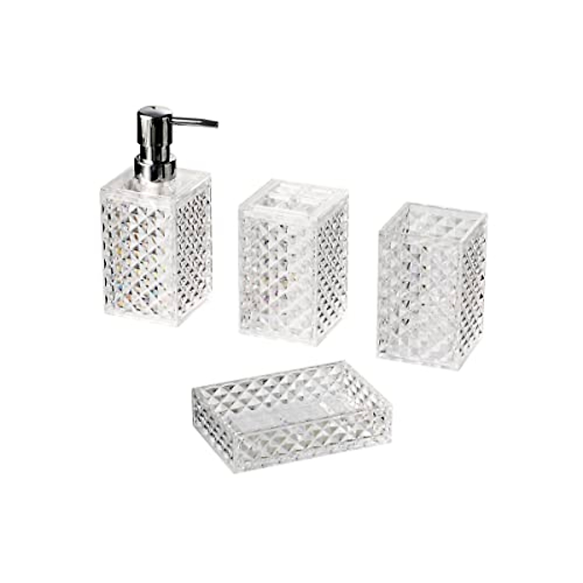 4 Piece Square Plastic Bathroom Accessories Set, Clear Diamond Pattern Bathroom Accessories Soap Dispenser, Toothbrush Holder, Tumbler and Soap Dish.