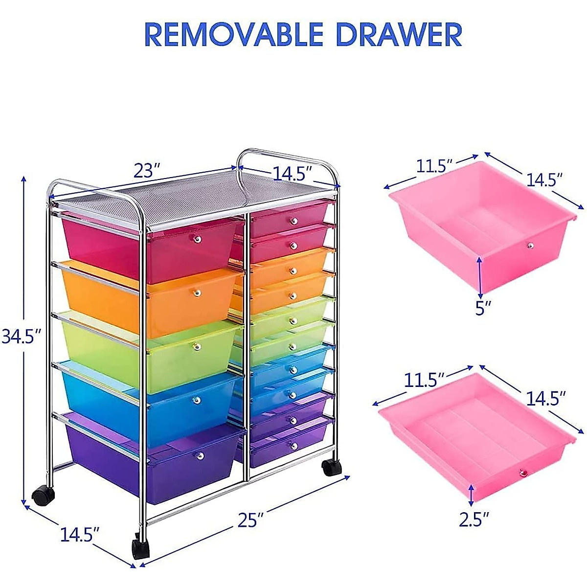 MEDIMALL 15 Drawers Rolling Storage Cart, Multipurpose Craft Storage Cart with Wheels, Mobile Tools Scrapbook Paper Organizer Cart for School Home Office Use (Rainbow)