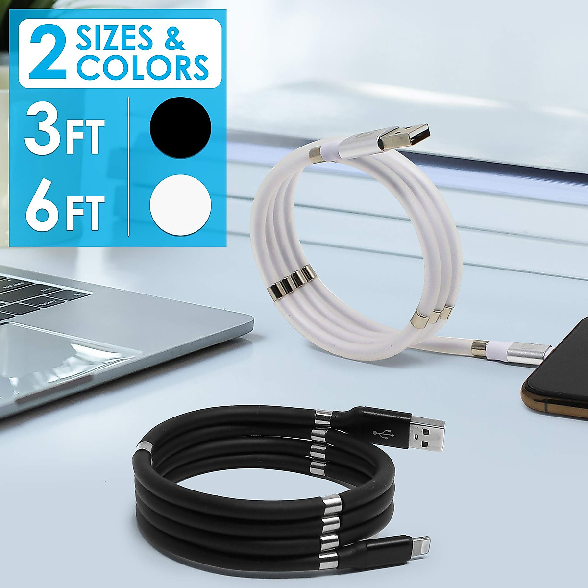 Aduro Magnetic Self Winding Fidget Lightning iPhone Charger Cable MFi Certified Charging Cable Cord For iPhone 12 11 Xs Max XR X 8 Plus 7 Plus 6S 6 Plus SE 2020 5S iPad Pro iPod Airpods 3 Foot (White)