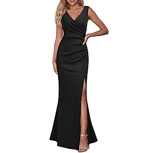 WOOSEA Women Sleeveless V Neck Split Evening Cocktail Long Dress Black