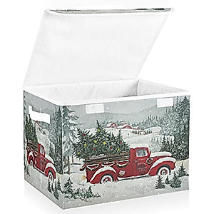 Retro Christmas Red Truck Storage Bins for Closet, Collapsible Storage Baskets with Lids and Handles for Shelves Closet Home Decor