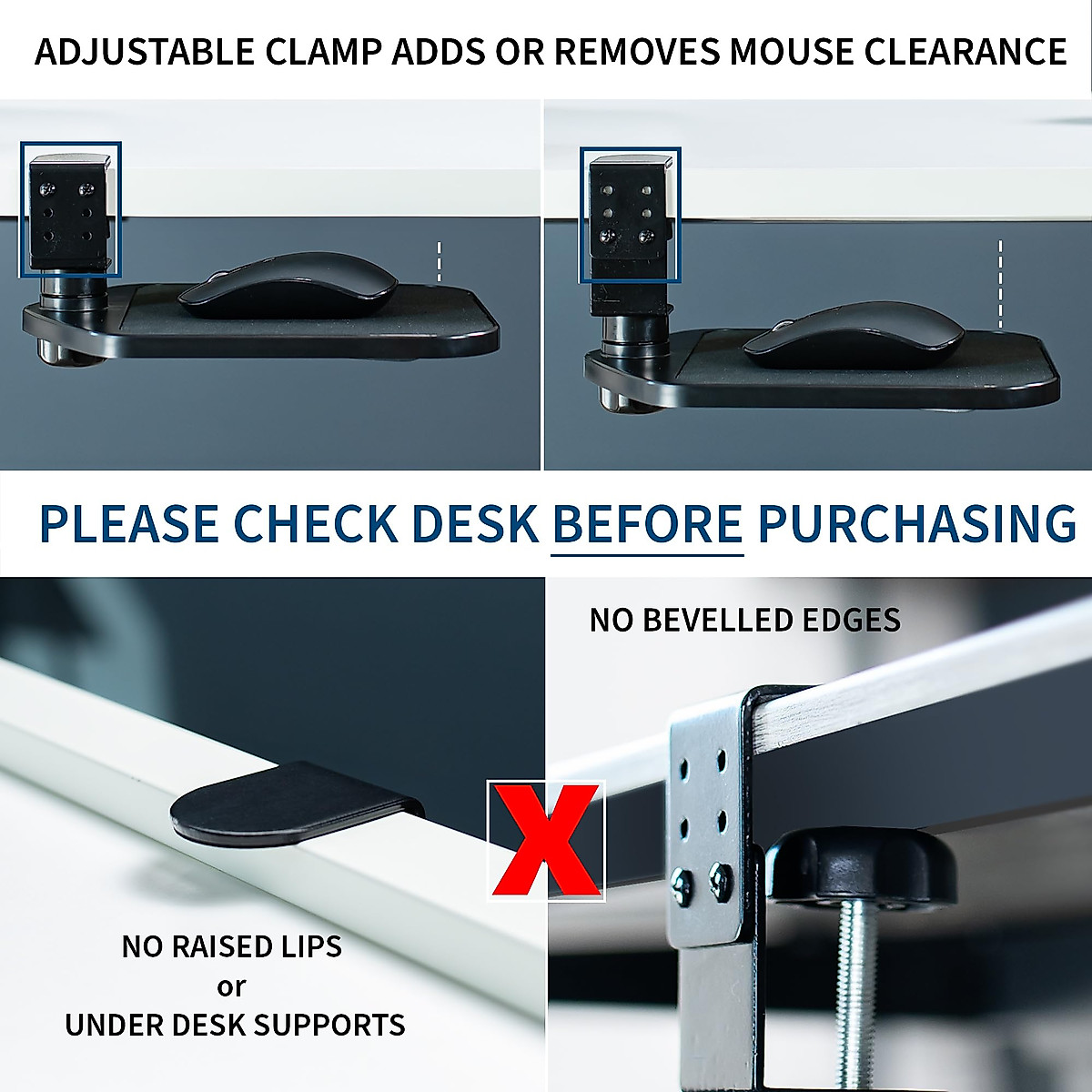 VIVO Desk Clamp Adjustable Computer Mouse Pad and Device Holder Extended Rotating Platform Tray, Fits up to 2 inch Desktops, Black, MOUNT-MS01A
