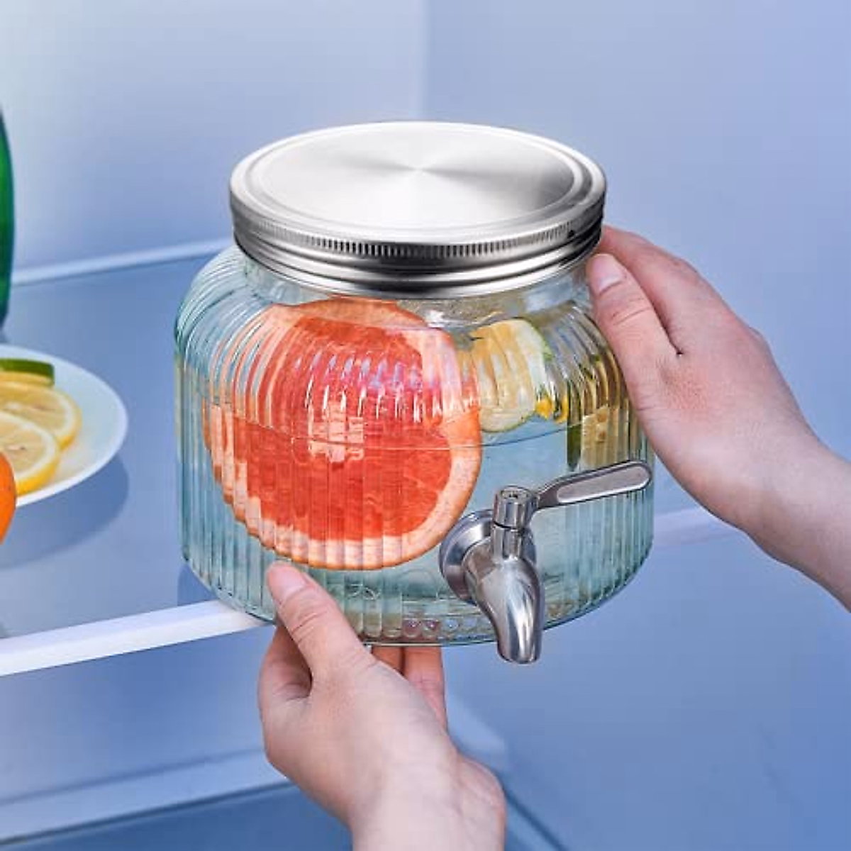 Mapeoes 0.8 gal (2.8L) Glass Beverage Drink Dispenser with Spigot for Fridge,Stainless Steel Spout and Lid,Refrigerator Mason jar for Water Juice Milk Ice Coffee Sun Tea,Small Mini Cold Drink,Clear