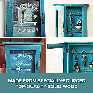 Glass Wooden Box Key Holder for Wall with 6 Hooks - 8.27" x 9.84" x 2.36" Entryway Storage Cabinet - Rustic Decor & Floating Shelf - Key Rings & Mail Organizer Wall Shelf - Vintage Wall Decor - Aqua