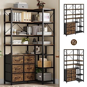 BTHFST Corner Bookshelf with 6 Fabric Drawers, Convertible Tall Bookcase 7 Tier, Industrial Book Shelf with Metal Frame, Wide Bookshelves for Living Room Home Office, Rustic Brown & Black