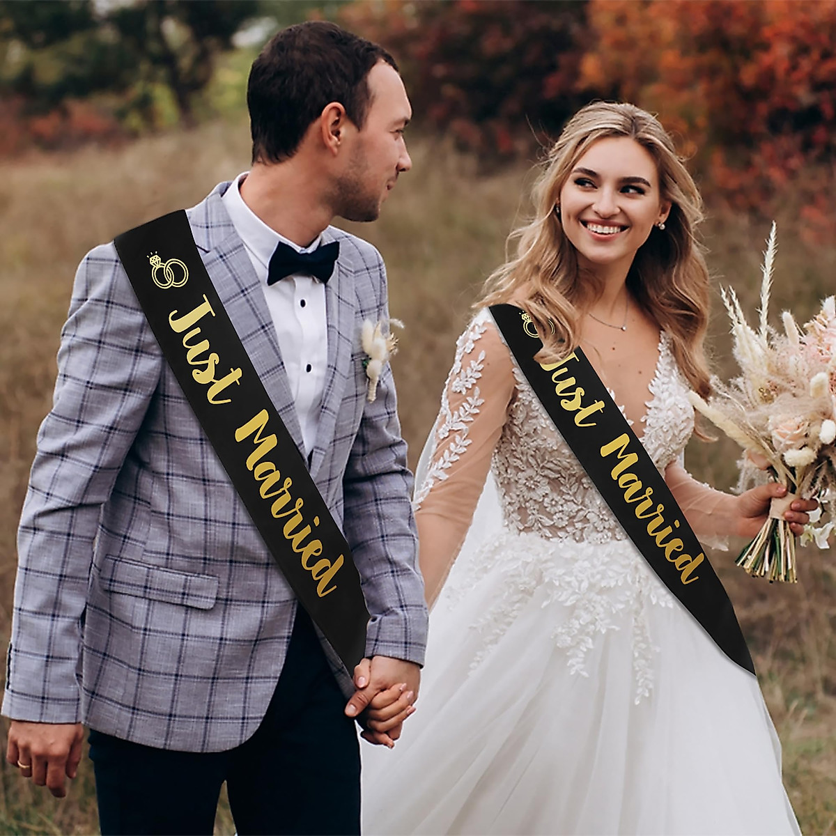 Just Married Sash - 2 Piece Gold Bride and Groom Sash Set | Wedding Party Decorations Bridal Shower Engaged Decor Bachelorette Favors Supplies Gift Decor Bachelor Accessories Engagement Gifts Ribbon
