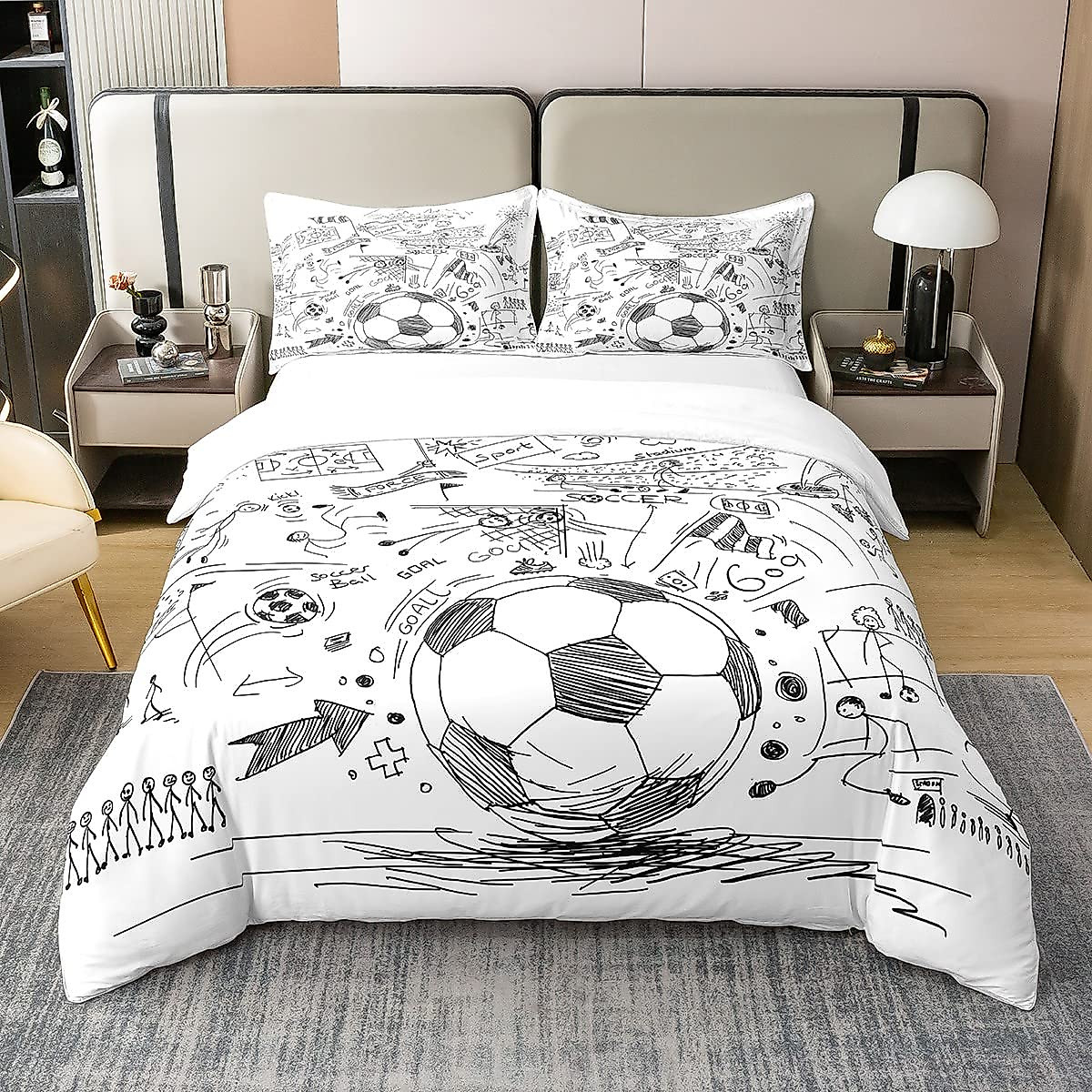 100% Organic Cotton Football Comforter Cover, Hand Drawn Sketch Soccer Flag Network Team Sports Duvet Cover for Boys Teens Men, Decorative 2 Piecce Bedding Set, Twin Size, White Black, No Comforter
