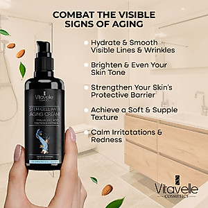 VITAVELLE Stem Cell Face Cream - Hyaluronic Acid, Shea Butter & Jojoba - Anti-Wrinkle, Hydrating Moisturizer for Smooth Skin
