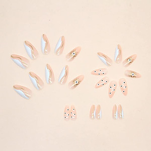 Diduikalor Evil Eye Press On Nails Almond, Cute French Acrylic Nails Press on for Women Girls DIY Nail Manicure, Includes Prep Pad, Mini File, Cuticle Stick, Glue, Jelly Glue and 24 Fake Nails