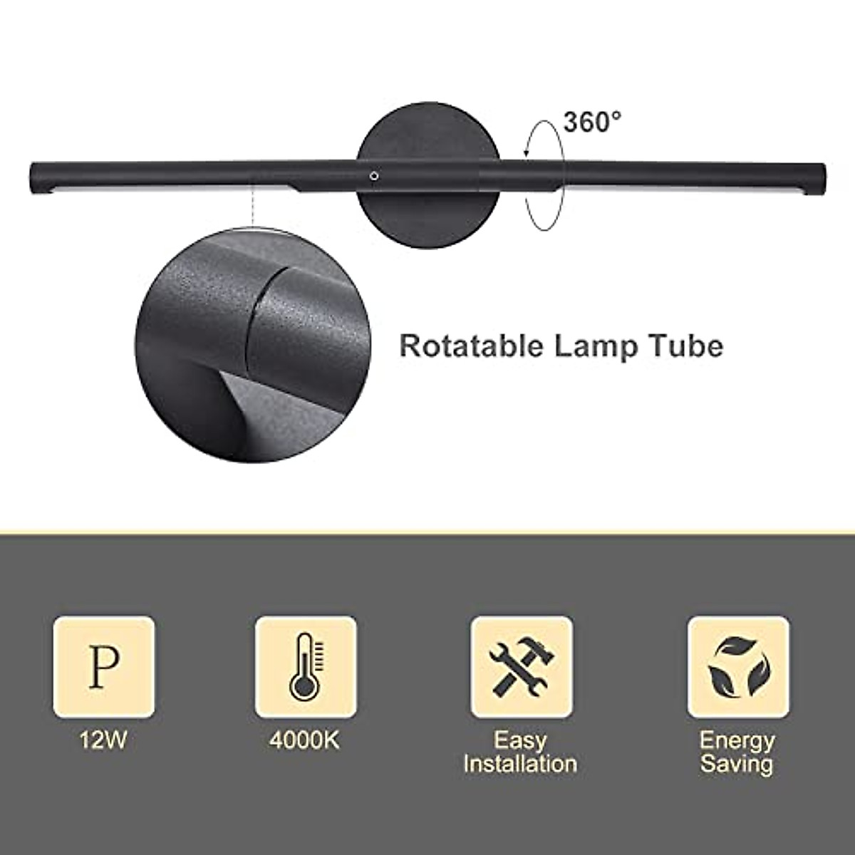 LINSEEDS Matte Black Bathroom Light Fixtures Over Mirror, 23.6 Inch 360° Rotatable Led Vanity Light Bar, Sconces Wall Lighting, 4000K Led Bathroom Lights, Modern Bathroom Vanity Lights Above Mirror