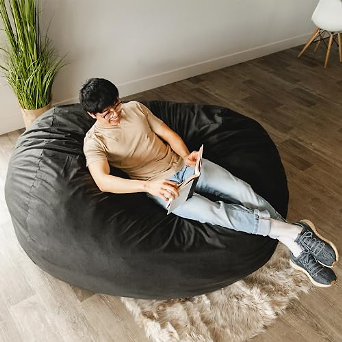 Big Joe Fuf XL Foam Filled Bean Bag Chair with Removable Cover, Black Lenox, Durable Woven Polyester, 5 feet Giant