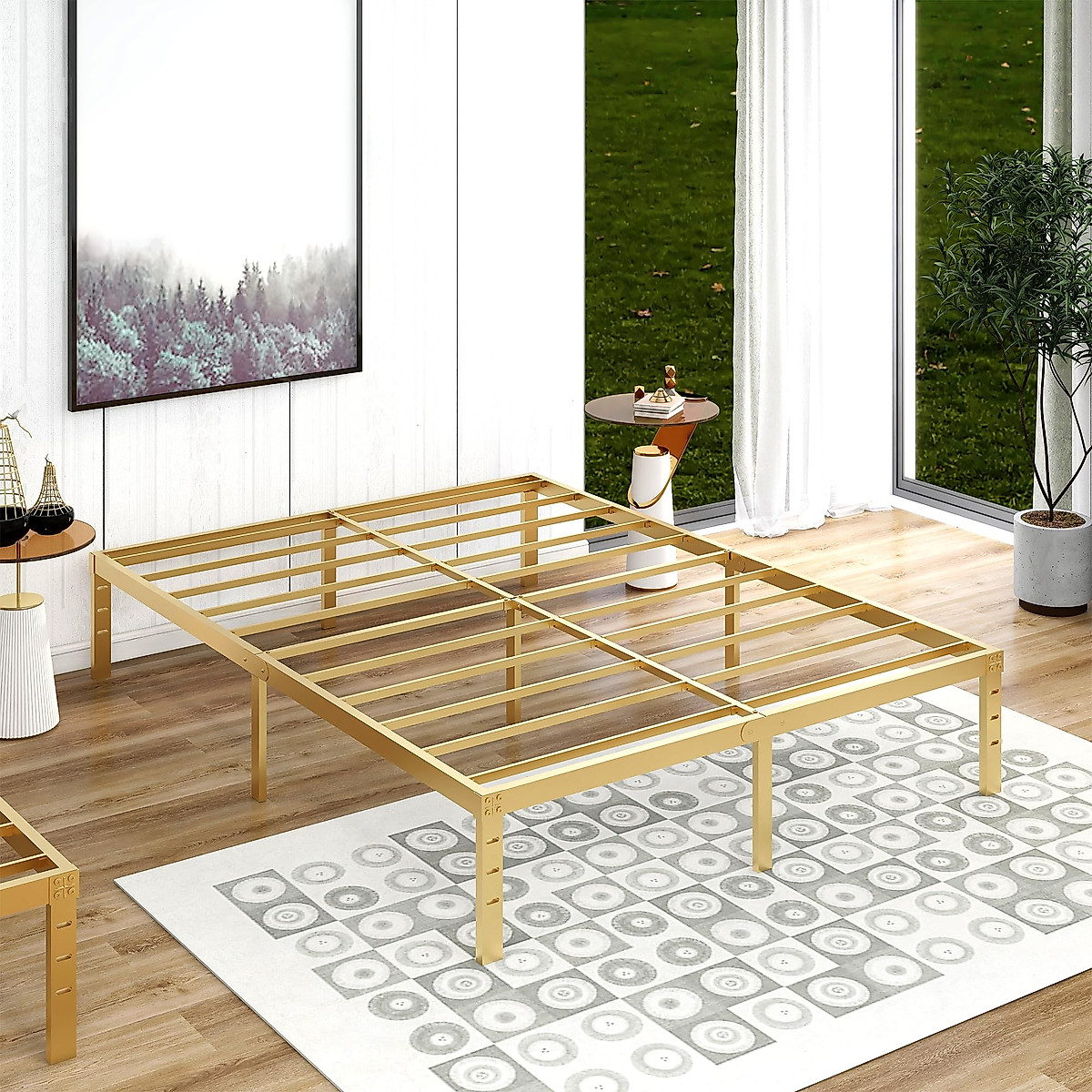 alazyhome Queen Size Bed Frame 14 Inch Metal Platform Bed Frame Heavy Duty Steel Slats Support No Box Spring Needed Noise-Free Easy Assembly Gold