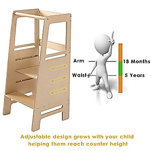 Height Adjustable Kitchen Step Stool for Kids and Toddlers with Safety Rail Children Learning Standing Tower for Kitchen Counter and Bathroom Sink Helper, Solid Wood