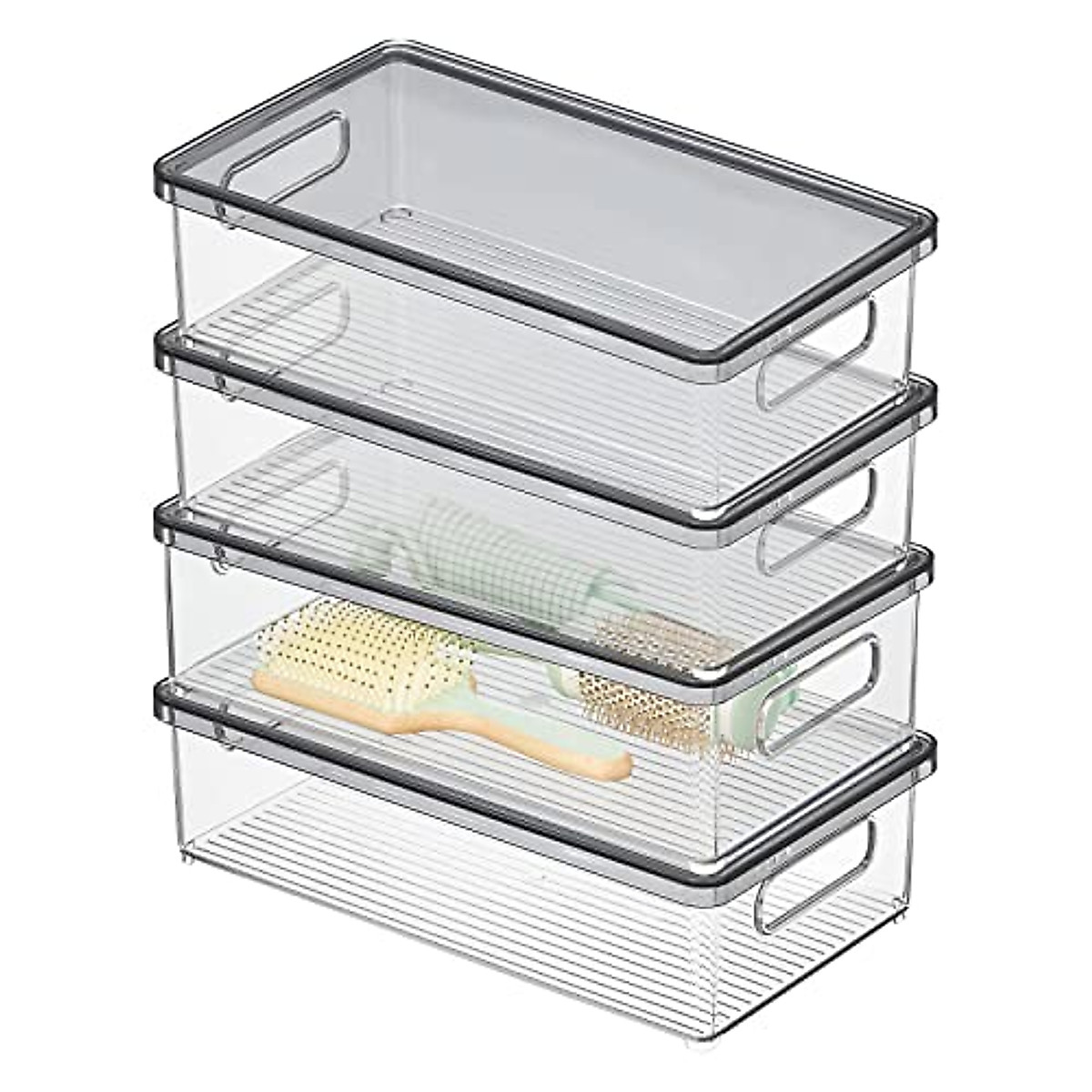 mDesign Small Plastic Stackable Bathroom Cabinet Storage Bin Box with Handles/Lid, Drawer Stacking Organizer for Soap, Lotion, Towels, and Accessories, Ligne Collection, 4 Pack, Clear/Smoke Gray, 15 x 8.5 x 4.2