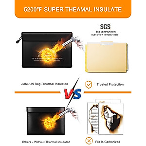 JUNDUN Fireproof Document Bag with 5200℉ Heat Insulated,14.0”x10.4” Waterproof and Fireproof Money Bag,8 Layers Thickened Fire Safe Storage Bag Pouch with Zipper for Document,Money,Black and Large