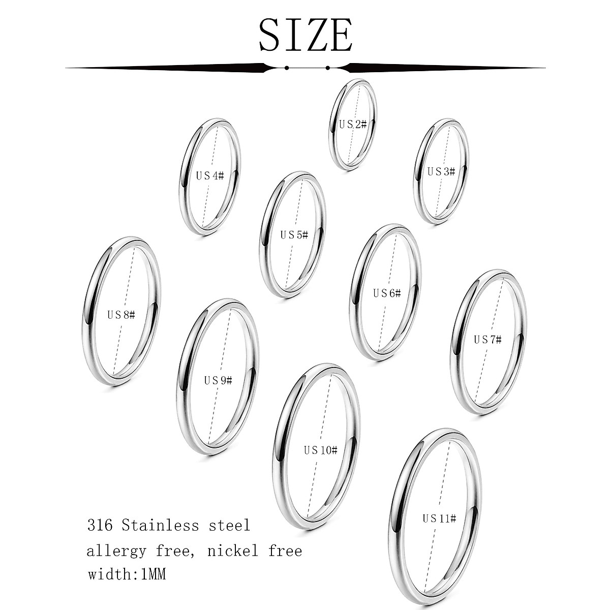 FINREZIO 10PCS Women's 1MM Stainless Steel Plain Band Knuckle Stacking Rings Fashion Thin Midi Rings Comfort Fit Size 2-11 Silver Tone