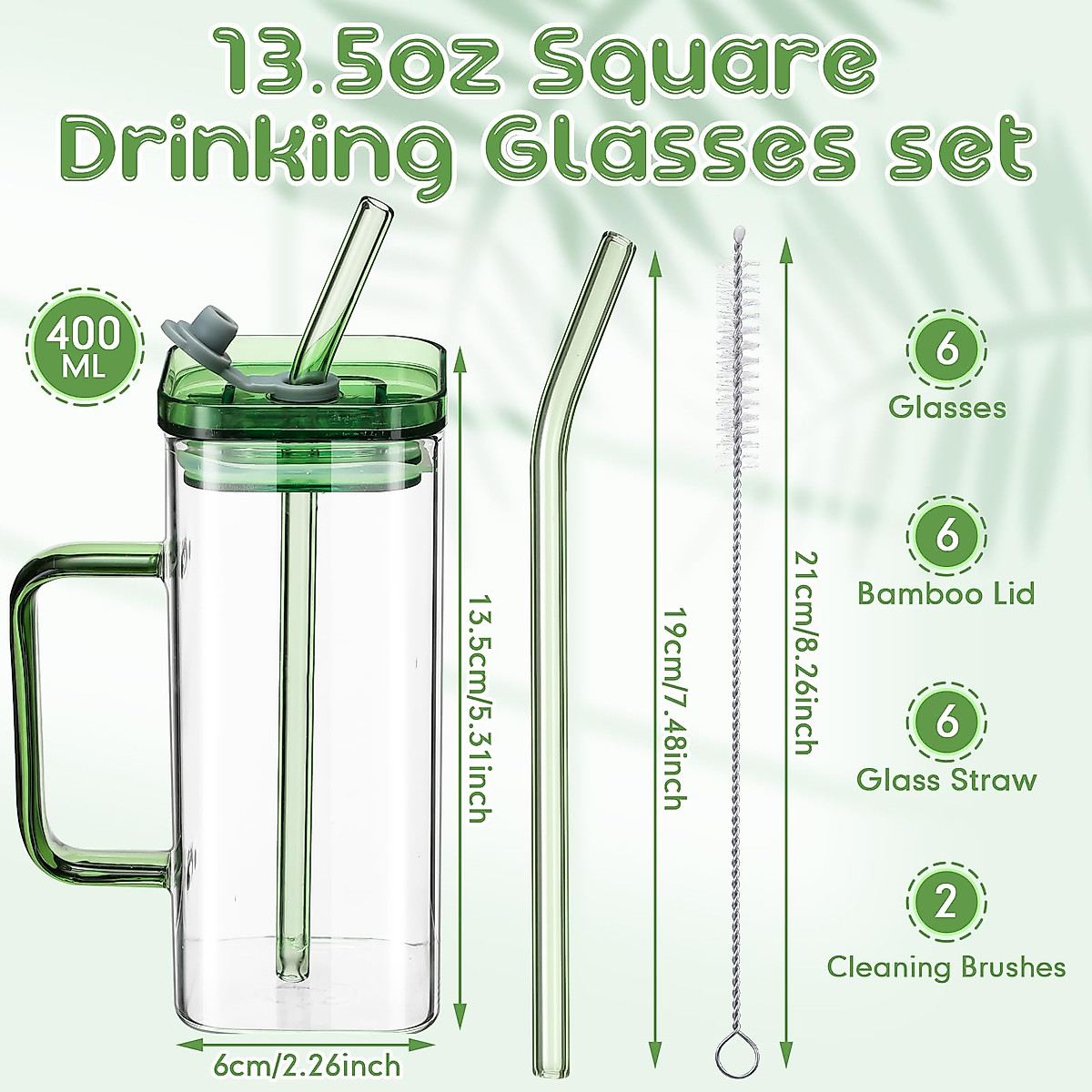 Rtteri 6 Sets Square Glass Cups with Lids and Straws Coffee Cups with Handle Drinking Glasses Wide Mouth Multi Colored Glass Tumbler with Handle for Home Employee Coworkers (13 oz, Small)