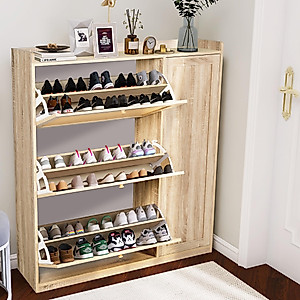 FUQARHY Shoe Cabinet with 3 Flip Drawers & Doors, Modern Slim Shoe Storage Cabinet Free Standing Shoe Organizer Shoe Rack for Boot, Sneaker, Entryway Narrow Shoe Storage for Hallway Living Room