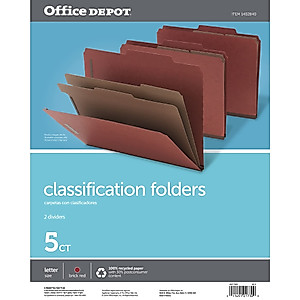 Office Depot Classification Folders, 2 1/2in. Expansion, Letter Size, 2 Dividers, Red, Pack of 5, OM01730