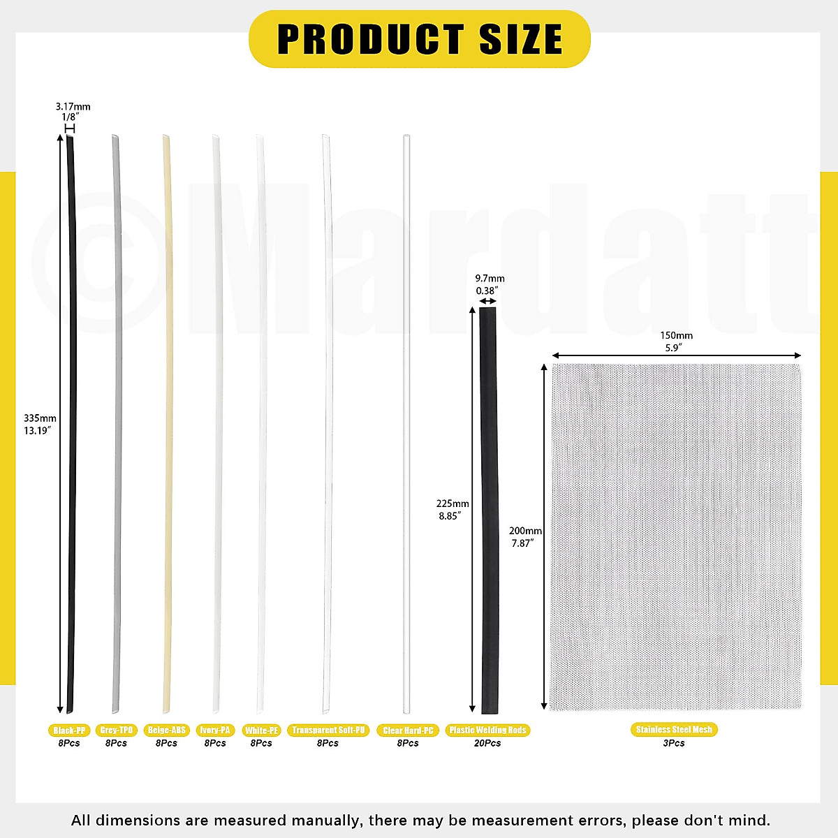 Mardatt 75Pcs 13" Plastic Welding Rods Assorted Set with Stainless Steel Mesh, 8 Types PP PU ABS PE TPO PA PC Plastic Welder Repair Rods Welding Strips for Auto Car Bumpers Kayak Repairs