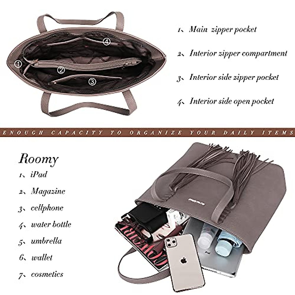 Montana West Tote Bag for Women Vegan Leather Large Concealed Carry Purse for Work Fashion Shoulder Handbag with Fringe,MWC-G029KH