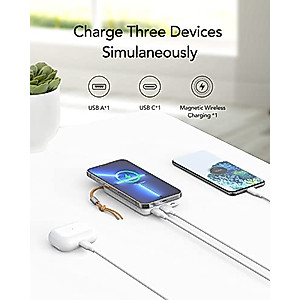 VRURC Magnetic Power Bank for iPhone, 10000mAh Wireless Portable Charger, 5W/7.5/10W/15W Charging & Max 22.5W USB Port Fast Charging, Battery Pack Compatible with iPhone 14/13/12 Series - White