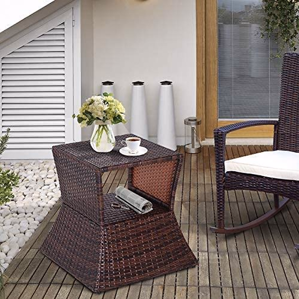 Outsunny Rattan Wicker Side Table with Umbrella Hole, 2 Tier Storage Shelf for All Weather for Outdoor, Patio, Garden, Backyard, Mixed Grey