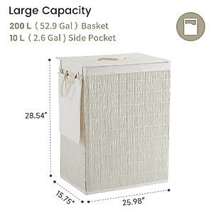 Laundry Hamper with Lid, 55.5 Gallon (210L), Large Handwoven Rattan Laundry Basket, 3 Section Clothes Hamper with Handles, 2 Removable Liner and Side Pocket, White