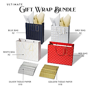 Purple Dino 8-Pack 13'' Premium Large Gift Bags with Tissue Paper (20-Sheet) | Christmas Gift Bags | Birthday Bags for Men and Women | Wedding, Valentine, Graduation and Special Events