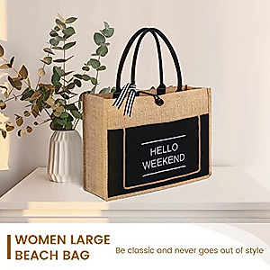 Trifabricy Beach Bag for Women - Large Jute Straw Beach Tote Bag, Hello Weekend Embroidery Canvas Tote Bag, Weaving Swim Gym Shopping Travel Bag, Black