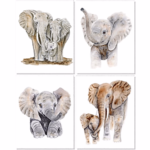 NIIORTY Elephant Family Wall Art, Watercolor Baby Animal Prints for Nursery, Elephant Nursery Canvas Wall Decor, Mom and Cute Baby Elephant Art Print for Baby Room Decor, Set of 4-(8”x10” Unframed)