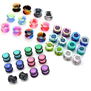 PiercingJ 36pcs Candy Colors Spots Acrylic Ear Stretching Plugs Kit and Double-flared Thin Silicone Saddle Tunnels Set
