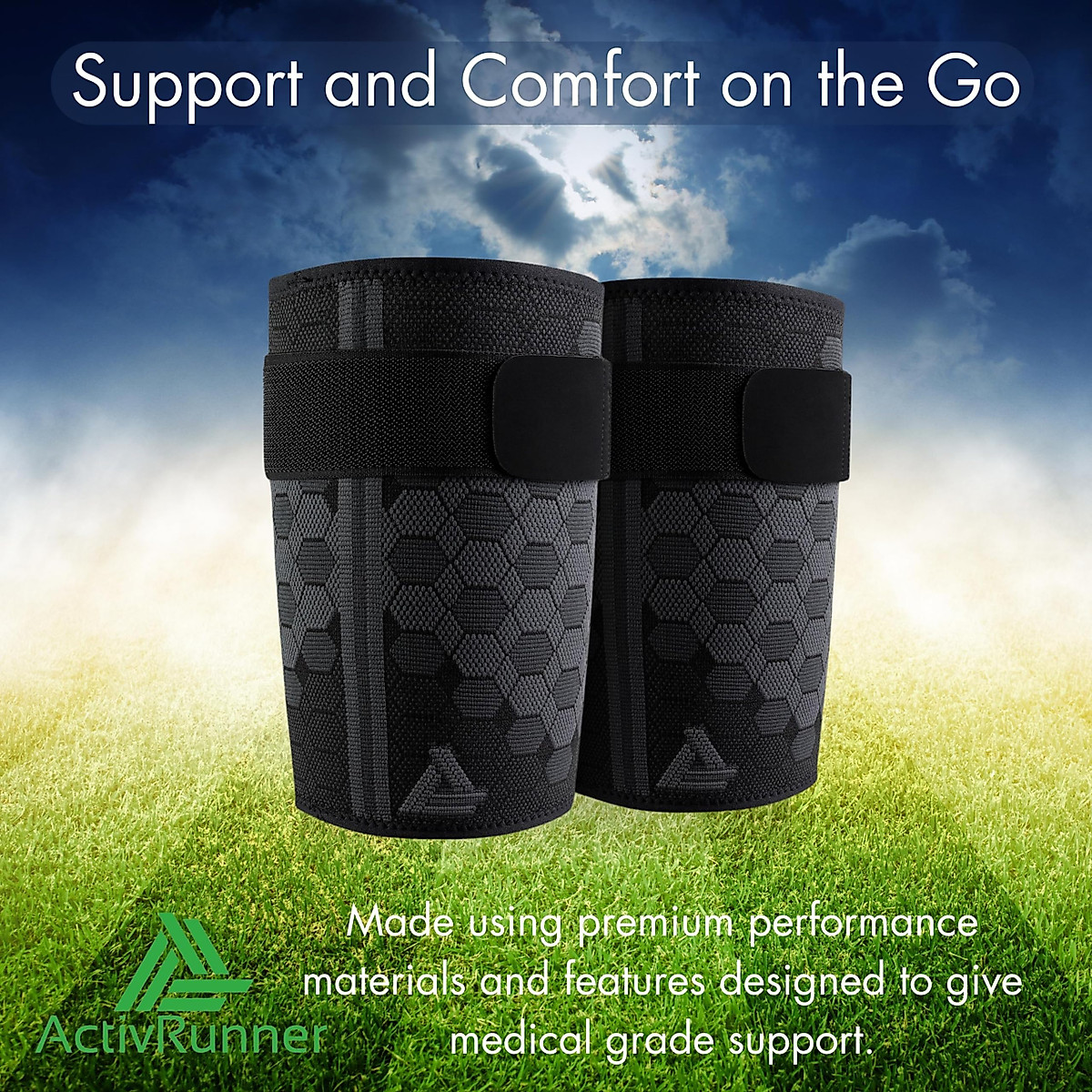 ActivRunner Thigh Compression Support Sleeve (2 per Pack), Breathable with Adjustable Non-Slip Strap for Hamstring and Quadricep Muscle Injury and Strain Recovery. Suitable for Men and Women