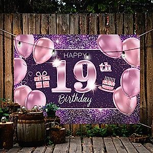 PAKBOOM Happy 19th Birthday Banner Backdrop - 19 Birthday Party Decorations Supplies for Women- Pink Purple Gold 4 x 6ft