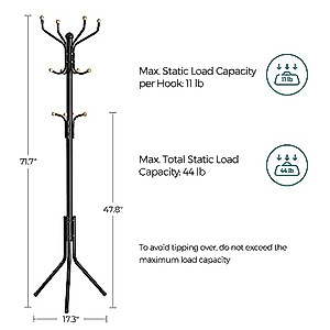 SONGMICS Coat Rack Freestanding, Metal Coat Rack Stand with 12 Hooks and 3 Legs, Coat Tree, Holds Clothes, Hats, and Bags, for Entryway, Living Room, Bedroom, Classic Black URCR018B01