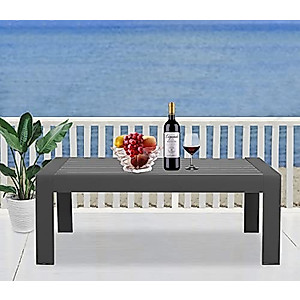 Odoor Direct Patio Furniture Aluminum Coffee Table, All-Weather Metal Rectangle Patio Table with Imitation Wood Tabletop, Dark Grey