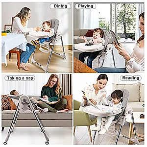 Ezebaby Foldable, Portable High Chair with 4 Wheels and Removable Tray with Adjustable Seat Heigh Recline for Babies, Infant and Toddler (Grey)