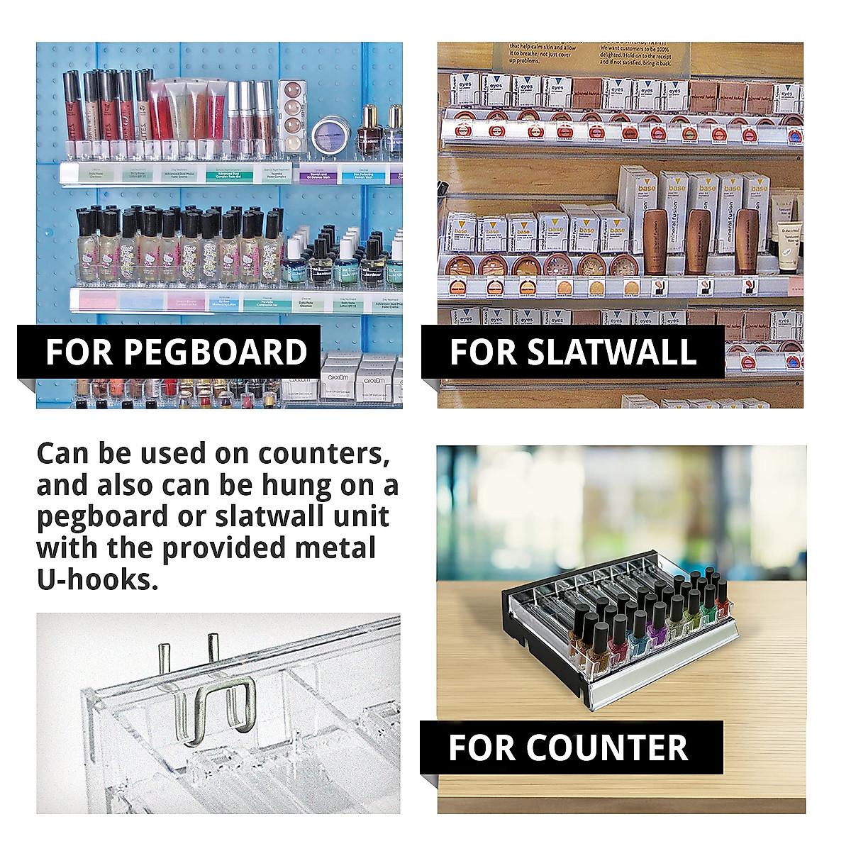 Azar Displays 225830-8COMP-BLK 8 Compartment Divider Bin Cosmetic Tray with Pushers - 8 Slots per Tray, 2-Pack, Black