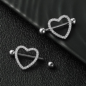 NASAMA Stainless Steel Acrylic Nipple Rings Tongue Ring CZ Barbell Heart-Shape Piercing Body Jewelry (6pair Steel color)