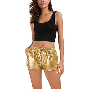 Tandisk Women's Metallic Shorts Sparkly Hot Outfit Shiny Rave Short Pants with Elastic Drawstring Gold S