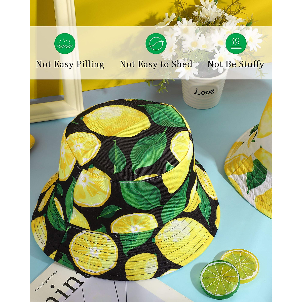 Bennim 2 Pieces Unisex Lemon Pattern Bucket Hats Reversible Fisherman Cap for Casual Travel Beach,Black, White ,Uncertainly
