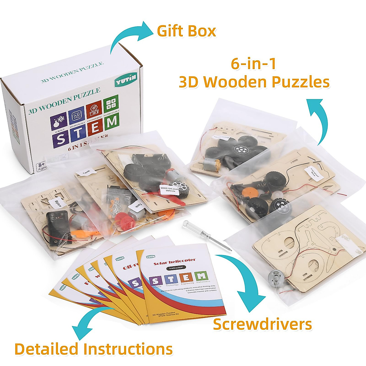STEM Kits for Kids Age 8-10 10-12, 6 Set Wood Building Projects Crafts Science Model Car Kits for Kids Age 8-12 5-7, Wooden 3D Puzzles, STEM Toys for Boys 7 8 9 10 12 13 Year Old Birthday Gifts