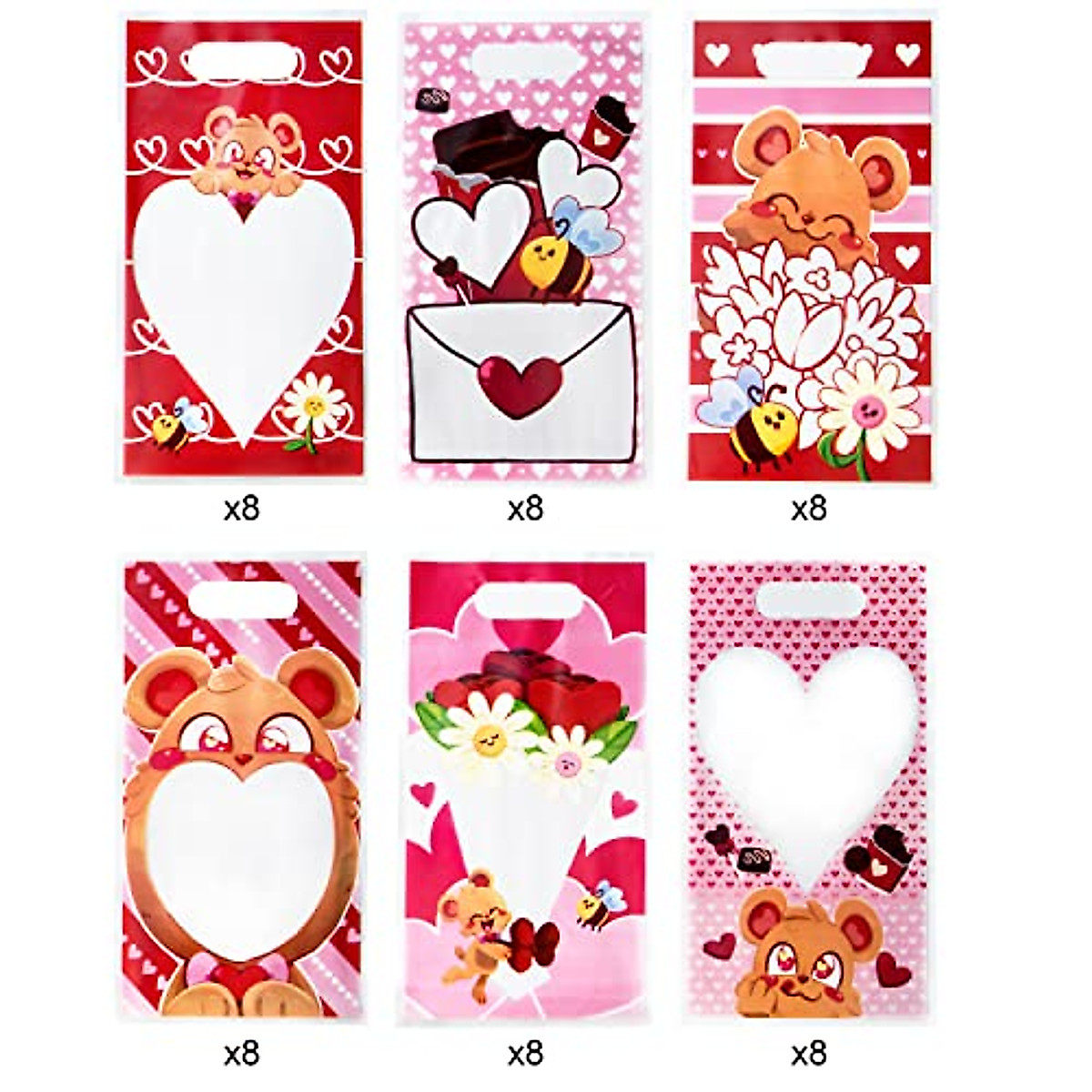 JOYIN 48 Pcs Valentine’s Day Gift Bag Plastic Treat Bags, Cellophane Candy Bags in 6 Designs with Heart Shaped Window for Kids Valentine Party Favor Supplies, Classroom Gift Exchange Goodie Bags