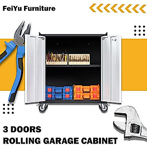 Metal Storage Cabinet with Wheels, Mobile Garage Cabinet with Locking Doors and One Adjustable Shelf, Lockable Storage Cabinet for Utility Room, Home, Office